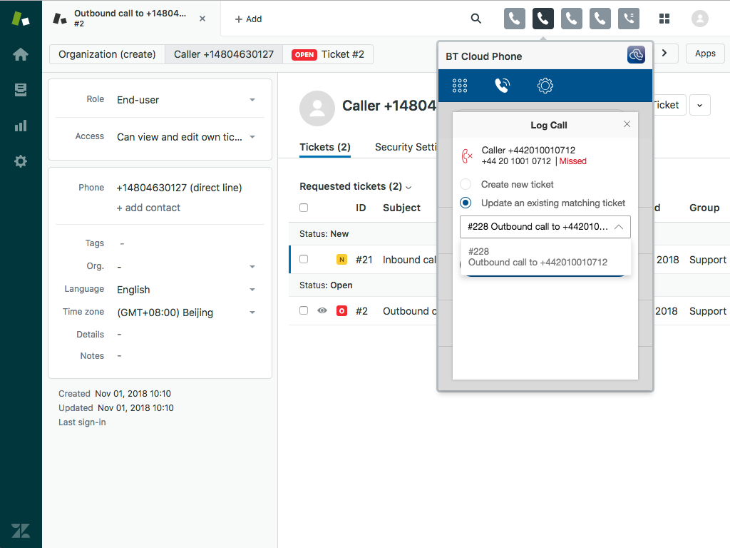 BT Cloud Work App Integration with Zendesk Support